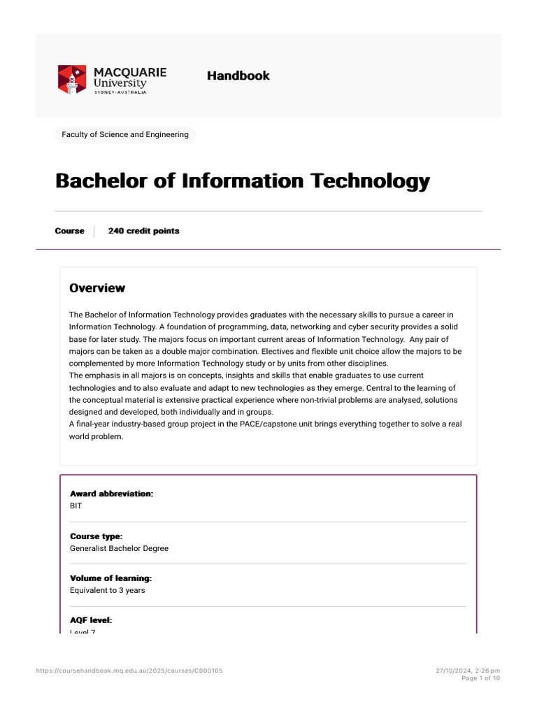 Bachelor of Information Technology Overview | PDF | Lecture ...