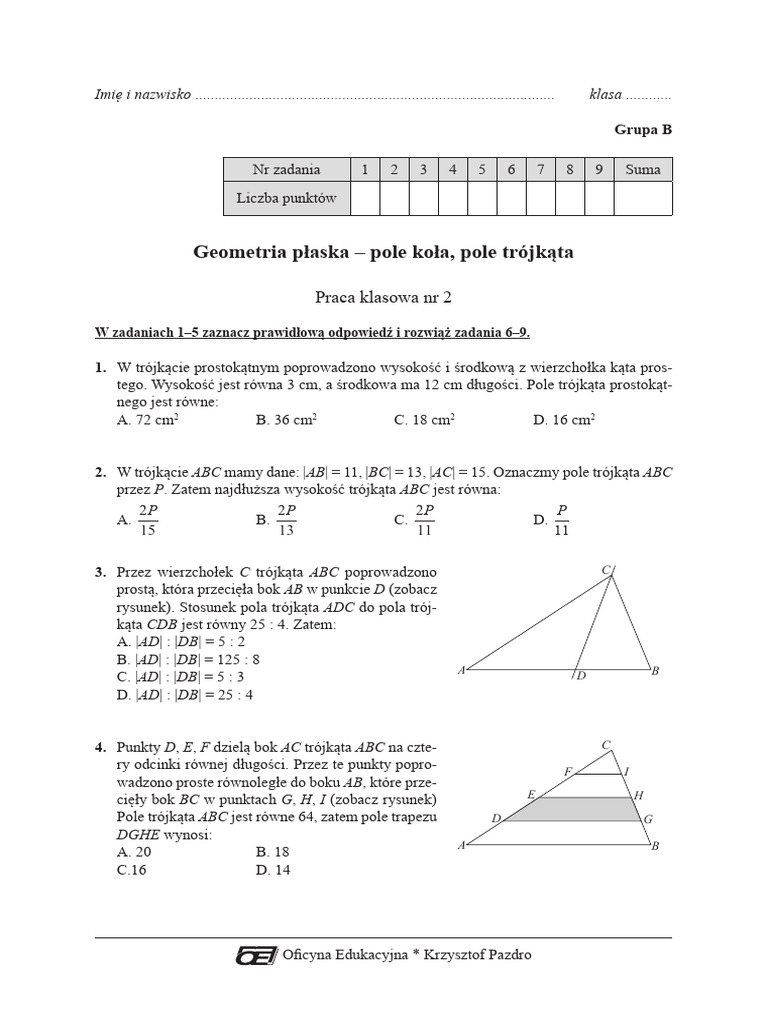 Geometria Plaska Pole Trojkata Praca Klasowa 2 GR B Wersja PDF | PDF