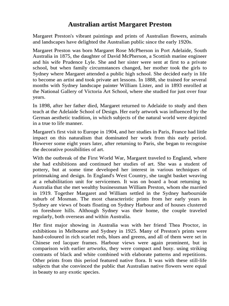 Australian Artist Margaret Preston - Ielts Reading Practice Test | PDF ...