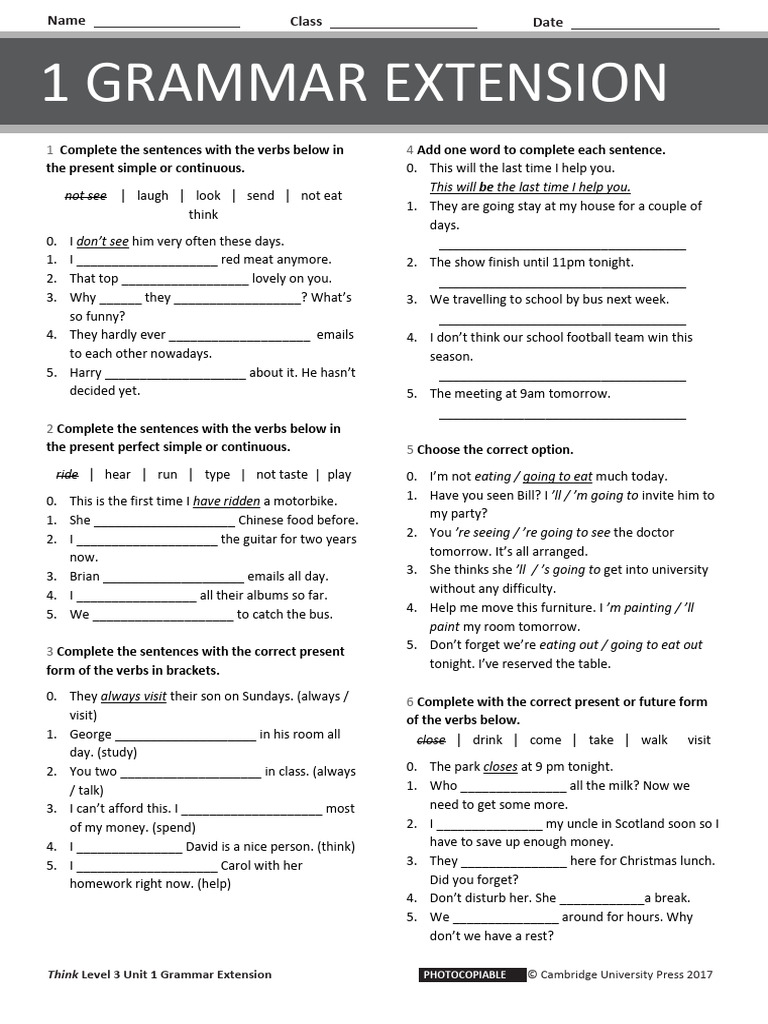 THINK L3 Unit 1 Grammar Extension | PDF | Linguistics | Grammar