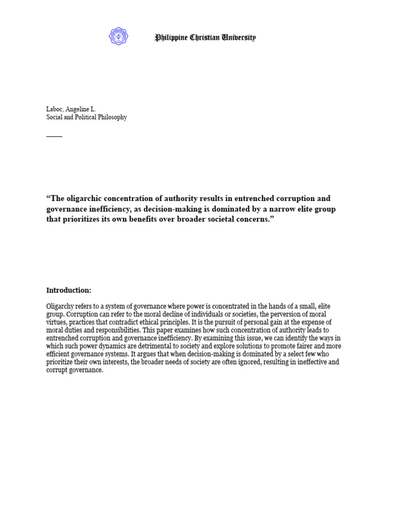 Oligarchy Political Pilosophy Angeline Laboc | PDF | Corruption | Economic Inequality