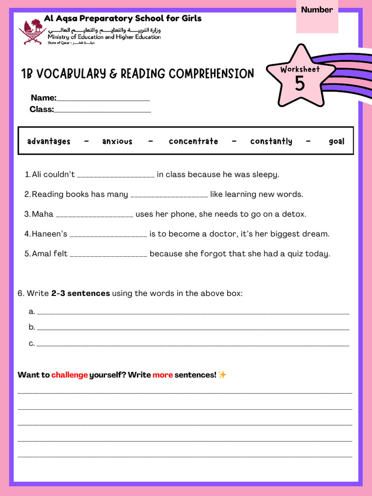 5 - Worksheet 5 1b Vocab and Reading Comprehension | PDF | Learning To ...