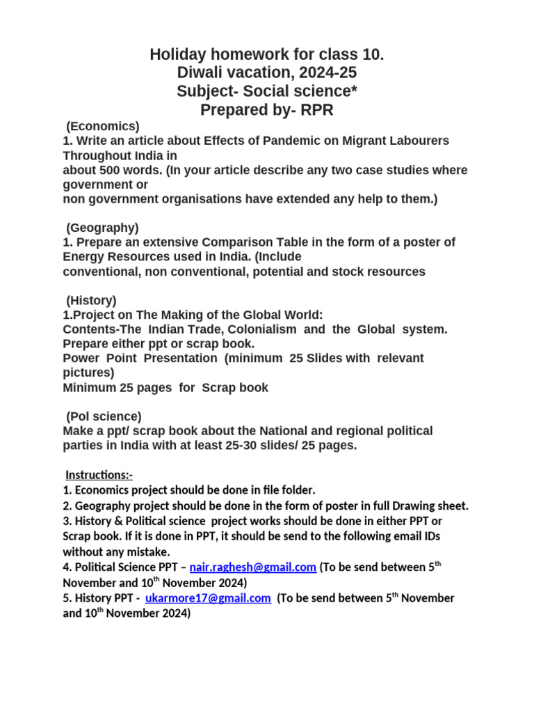 RPR HHW-2024 Diwali - SOCIAL SCIENCE | PDF | Finance & Money Management