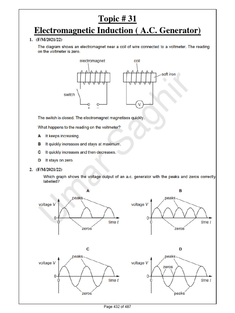 MCQ Work Sheet AC Generator | PDF | Science & Mathematics | Technology ...