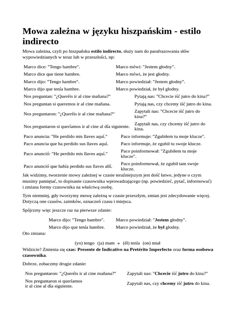 Mowa Zależna Hiszpanski | PDF