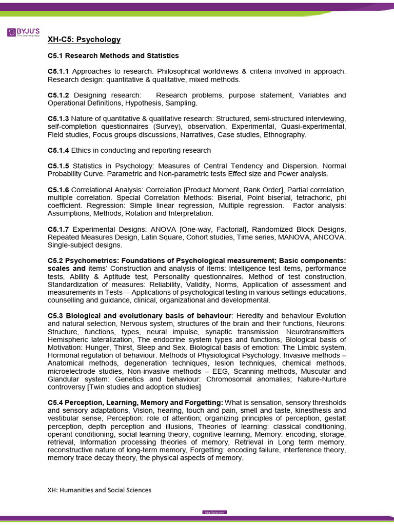GATE Psychology XH C5 Syllabus | PDF