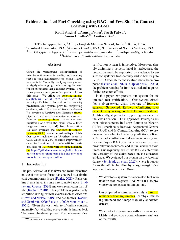 Evidence-Backed Fact Checking Using RAG and Few-Shot In-Context | PDF ...
