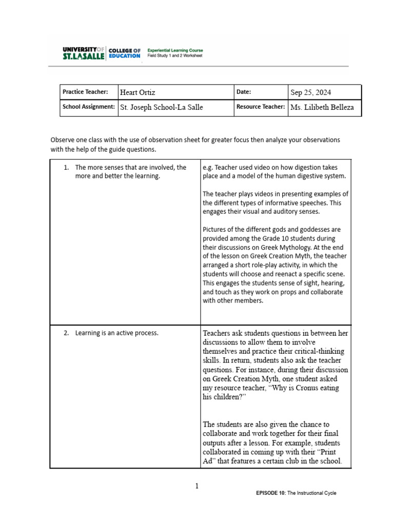 FS1 Worksheet 10 1 | PDF | Learning | Teachers
