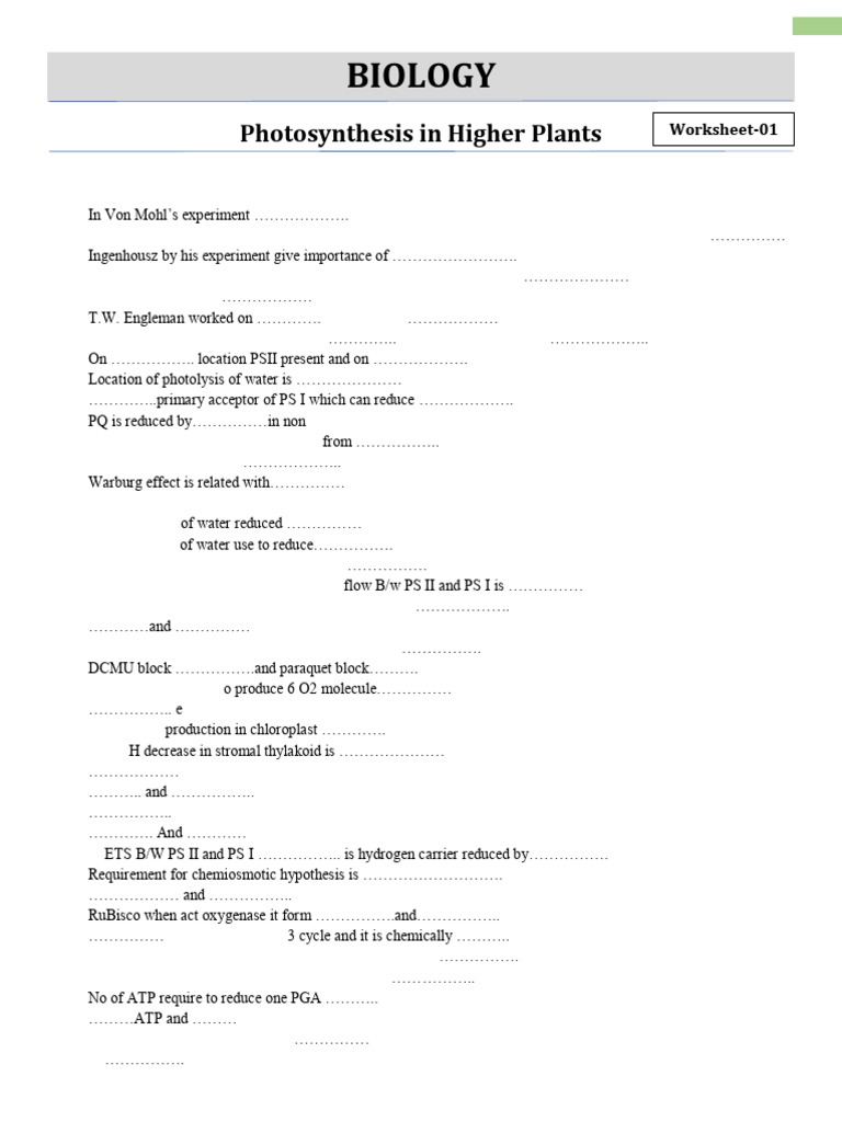 Worksheet - 01 - Photosynthesis in Higher Plants - Botany | PDF ...