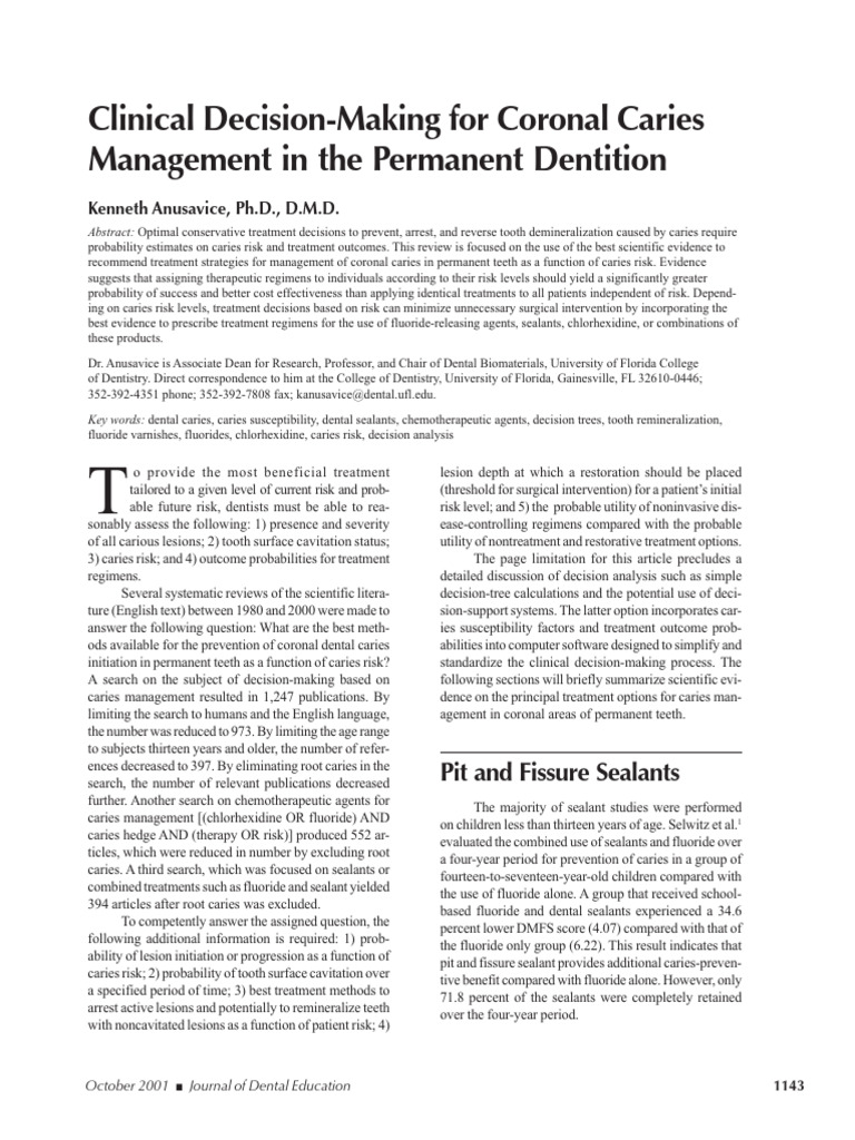 Clinical decision-making for coronal caries management in the permanent ...