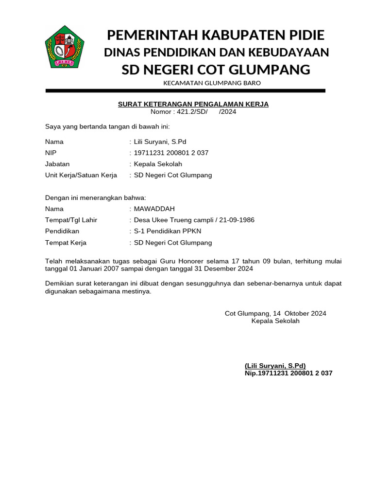 04.surat Pengalaman Kerja Pidie SD COT Glumpang | PDF
