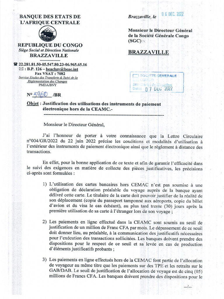Justification Des Utilisations Des Instruments de Paiement Électronique Hors de La CEMAC | PDF