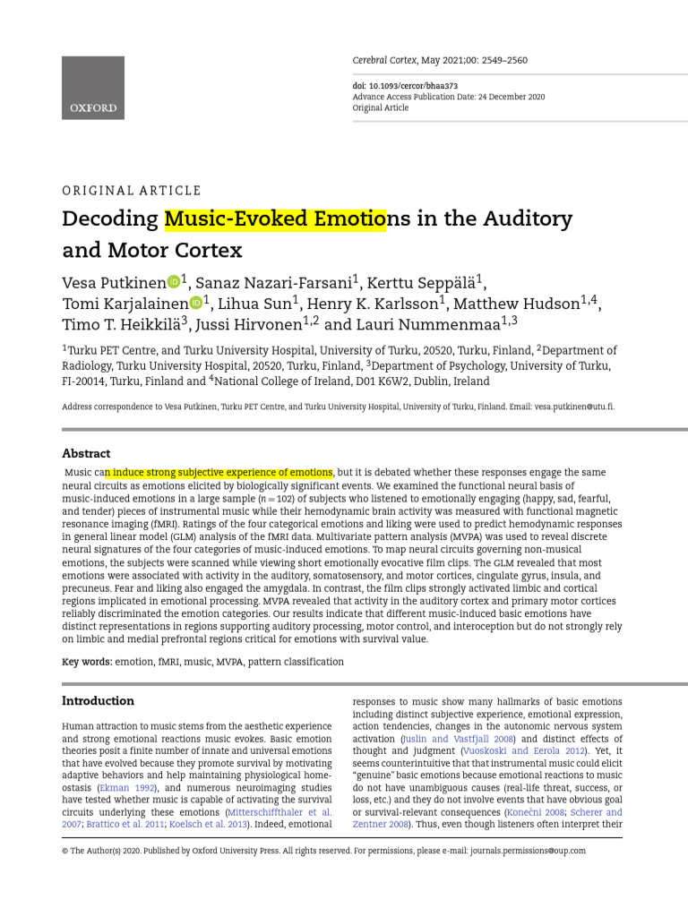 4.2-Decoding Music-Evoked Emotions in the Auditory and Motor Cortex | PDF | Emotions ...
