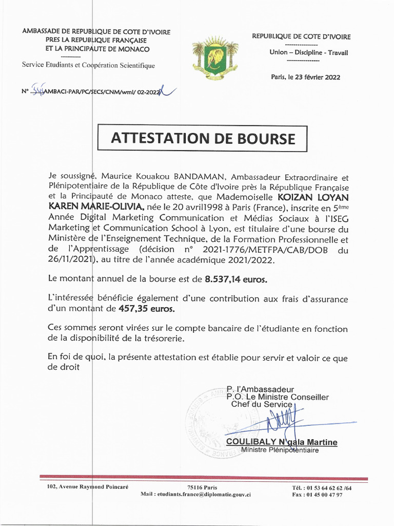 Attestation Bourse Metfpa 2022 Koizan Loyan Karen Marie-Olivia | PDF