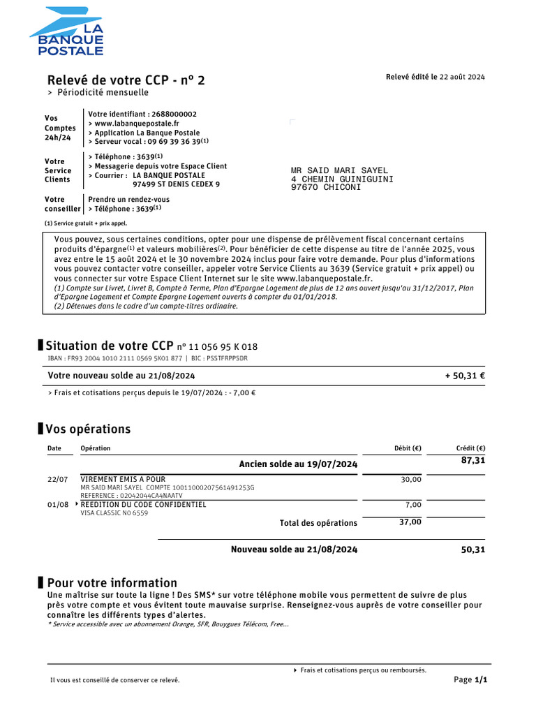 Relevé CCP La Banque Postale août 2024 | PDF | Banques | Finances ...