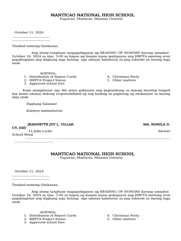 Letter To Parents | PDF