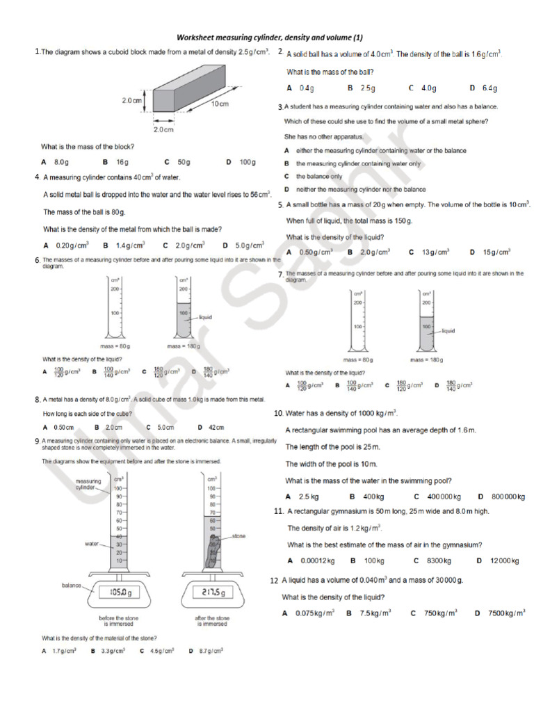 Worksheet Measuring Cylinder, Density and Volume (1) - 1-Merged-3 | PDF ...