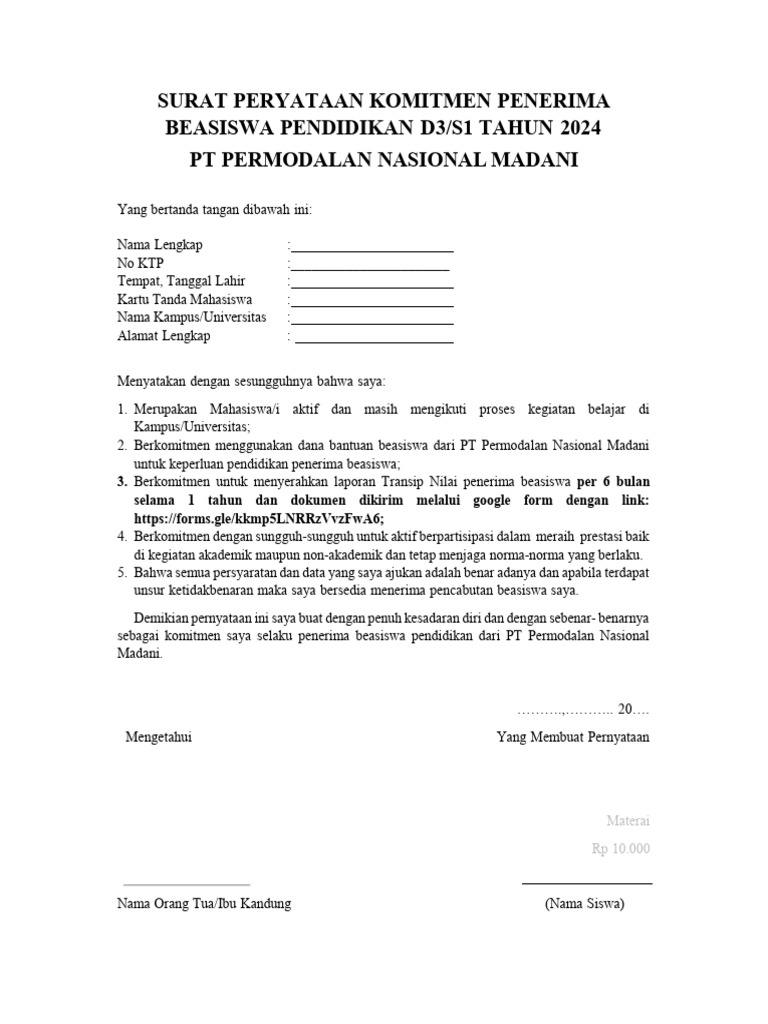 Surat Pernyataan Komitmen Beasiswa d3, s1 TJSL 2024 | PDF