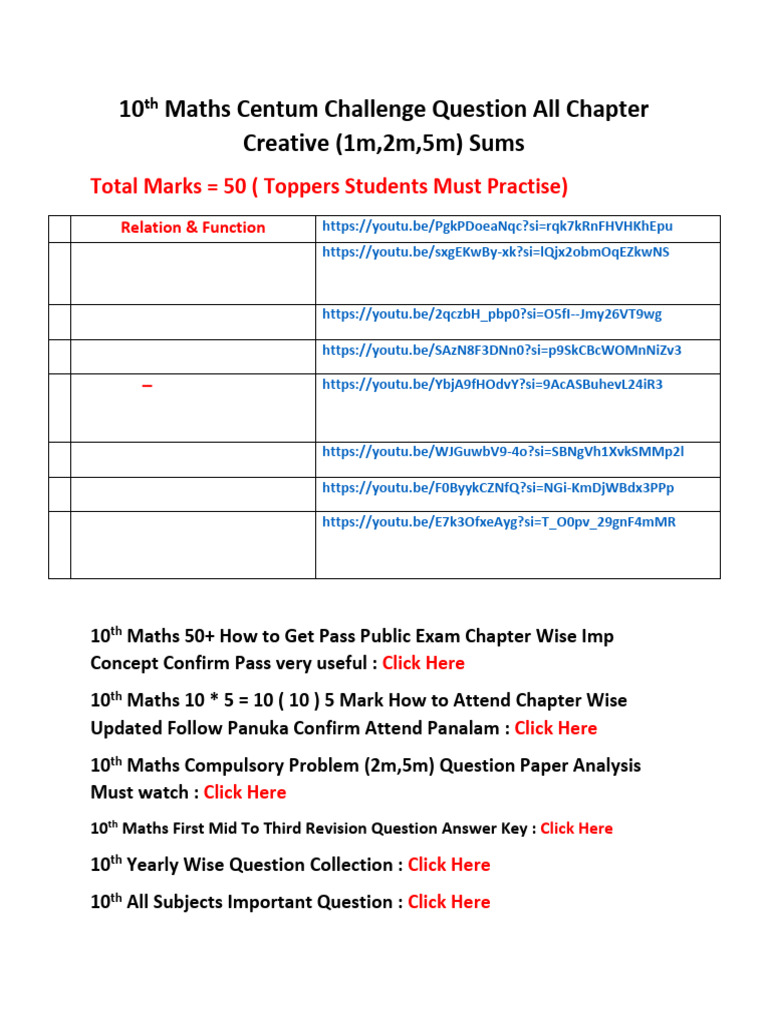 KaniMaths 10th Maths Centum Challenge Question All Chapter Creative ...
