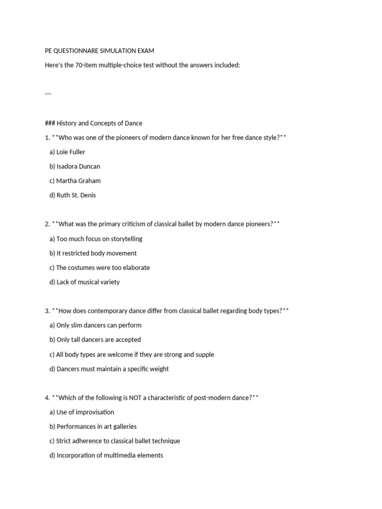 PE Questionnaire: Dance Exam Simulation | PDF | Dances | Performing Arts