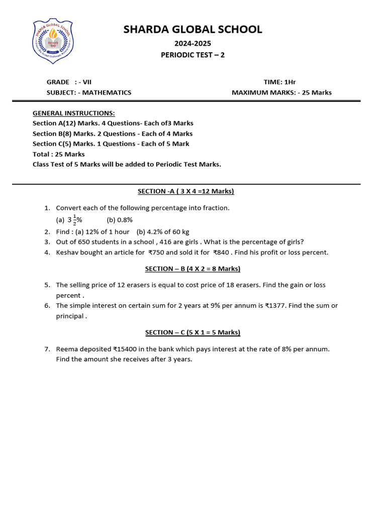 Class - VII (Maths) PT-2 | PDF