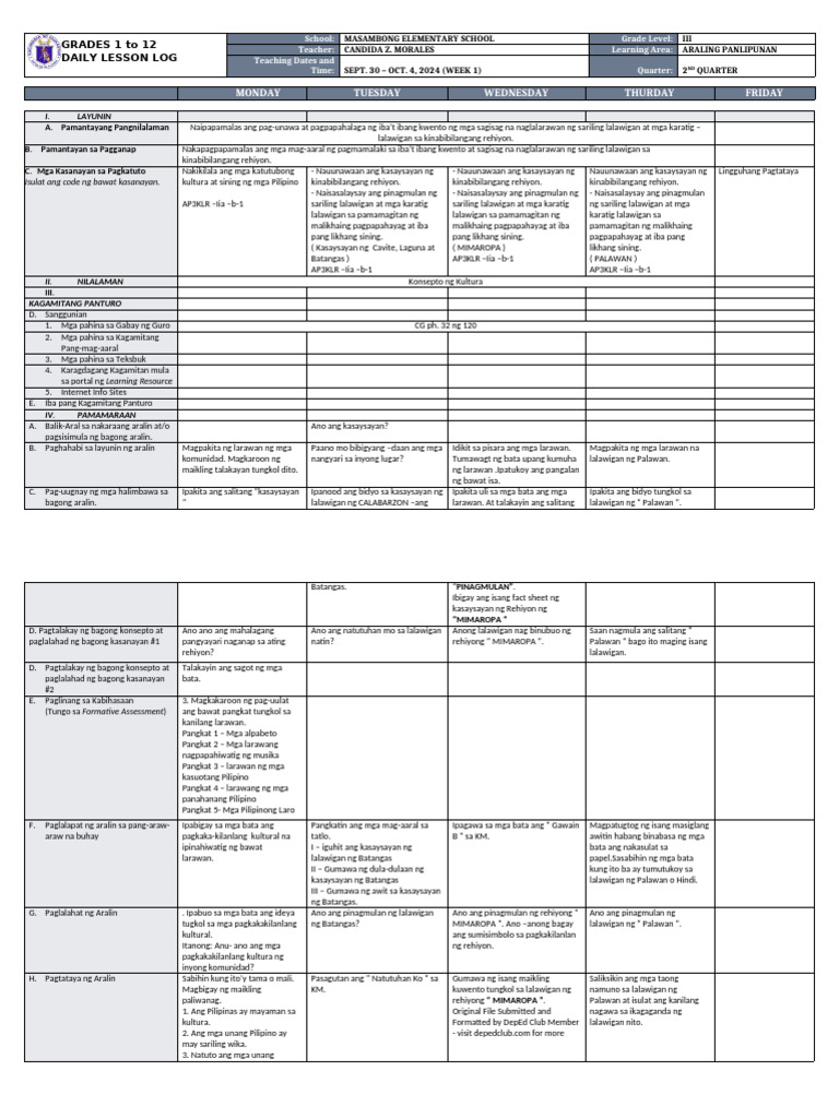 DLL - Araling Panlipunan 3 - Q2 - W1 | PDF