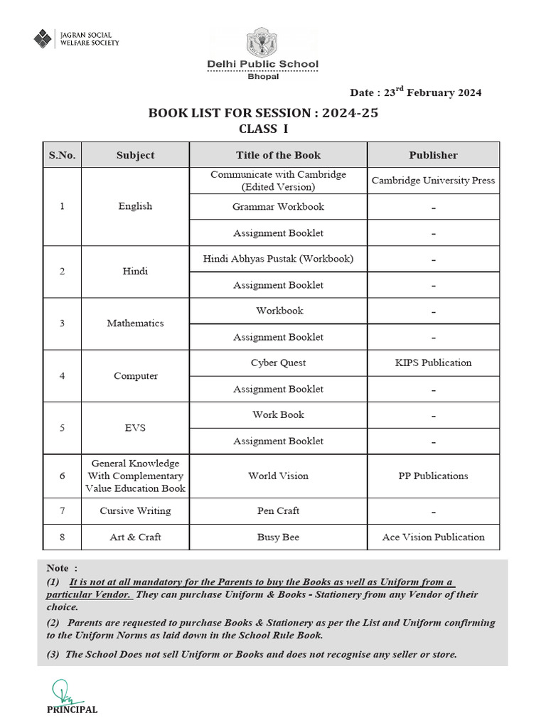 DPS Bhopal Book List 2024-25 | PDF | Textbook
