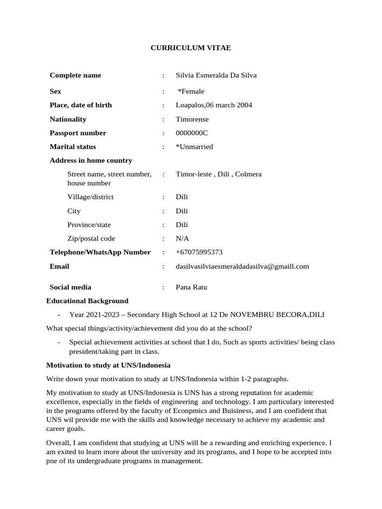Silvia Da Silva's CV for UNS Application | PDF | Lifestyle