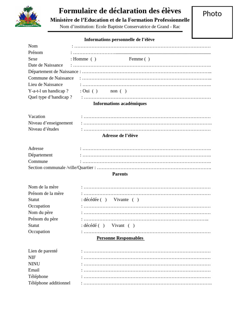 Formulaire de déclaration des élèves | PDF
