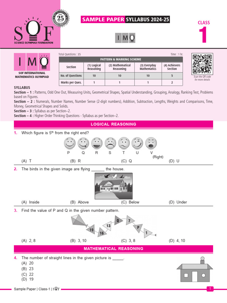 Imo Sample Paper Class-1 | PDF | Reason | Mathematics