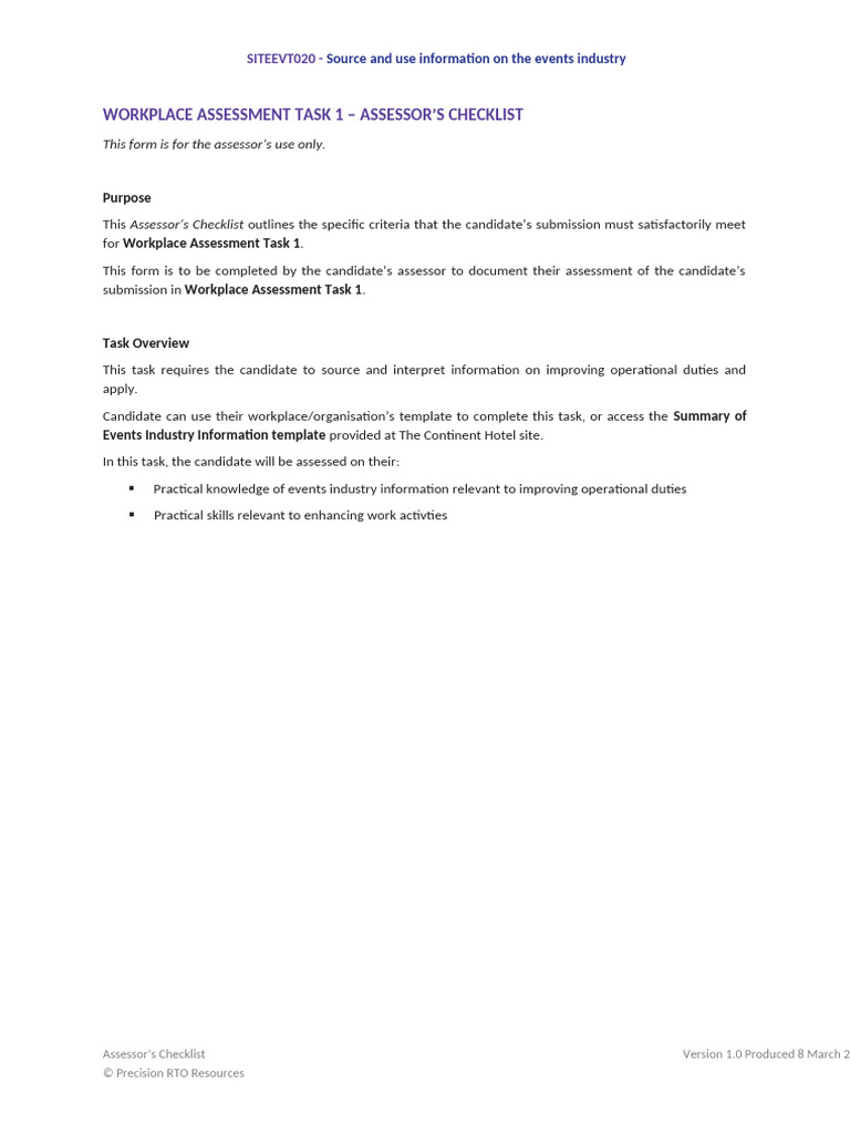 1 SITEEVT020-Workplace-Assessment-Task-1-Assessors-Checklist-v1.0 | PDF ... 1 SITEEVT020-Workplace-Assessment-Task-1-Assessors-Checklist-v1.0 | PDF ...