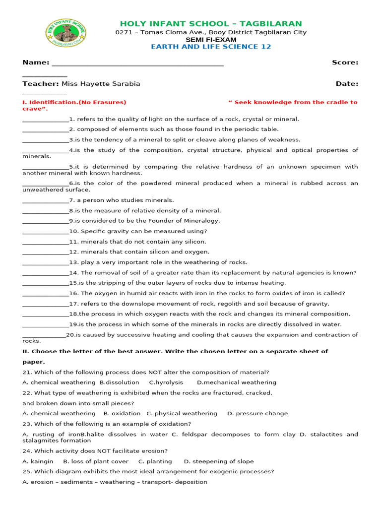 12-c Earth and Life Science 1st Quarter Exam-2nd H | PDF | Weathering ...