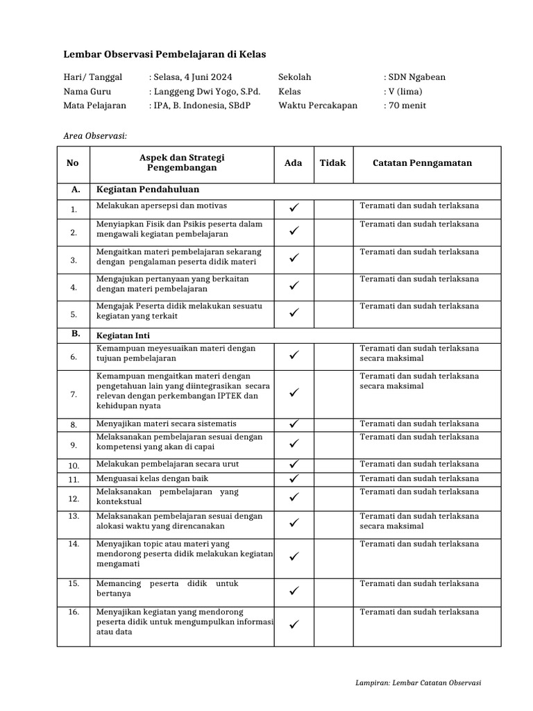 2 - Lembar Observasi Pembelajaran Di Kelas | PDF | Karier & Perkembangan
