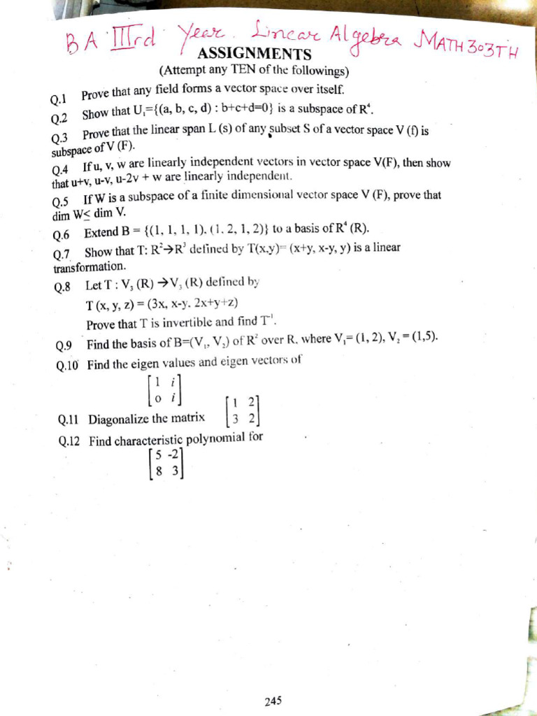 BA III Maths Assignments | PDF | Linear Subspace | Vector Space