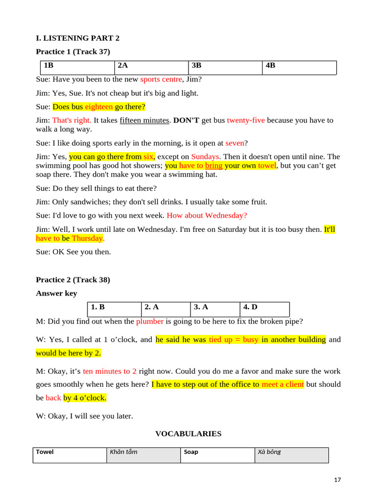 72 Answer Key - Listening Part 2, Practice 1,2 | PDF