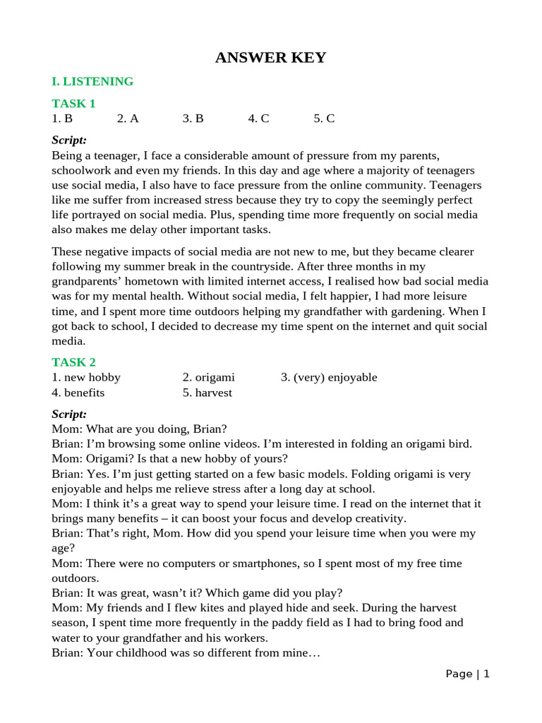 ANSWER KEY Đáp Án Đề Thi Thử Gki Tiếng Anh 8 | PDF