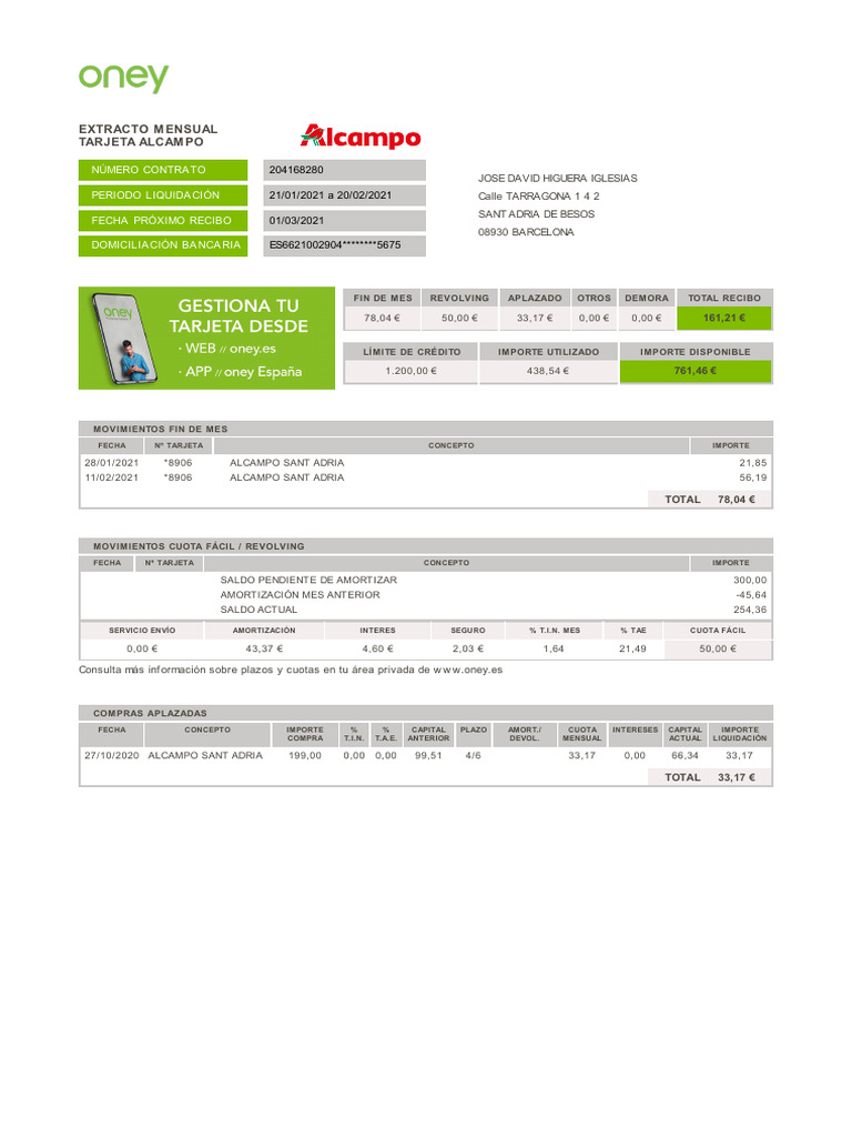 Extracto Mensual Tarjeta Alcampo | PDF
