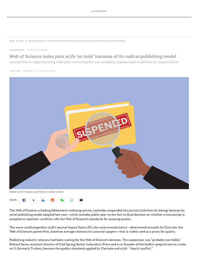 Web of Science Index Puts Elife On Hold' Because of Its Radical Publishing Model - Science ...