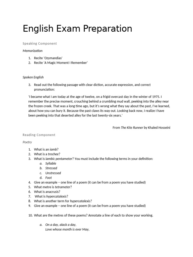 English Exam Prep: Speaking, Reading, Grammar | PDF | Poetry | Metre ...