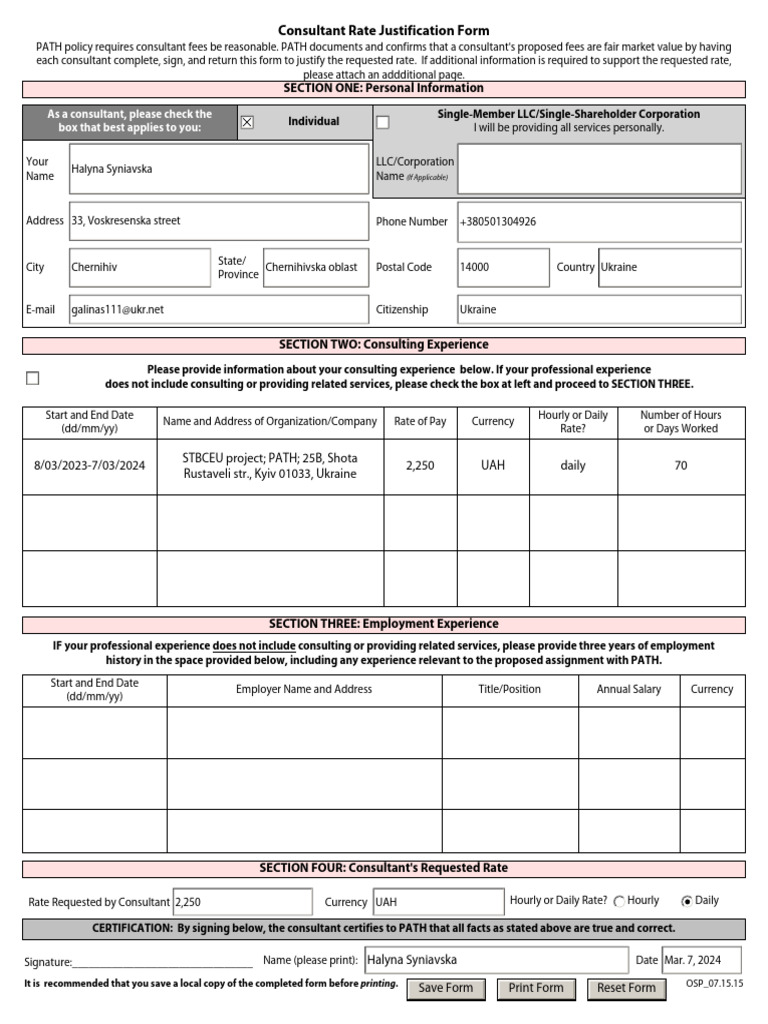 Rate Justification Form Consultant H. Syniavska 2024 | PDF