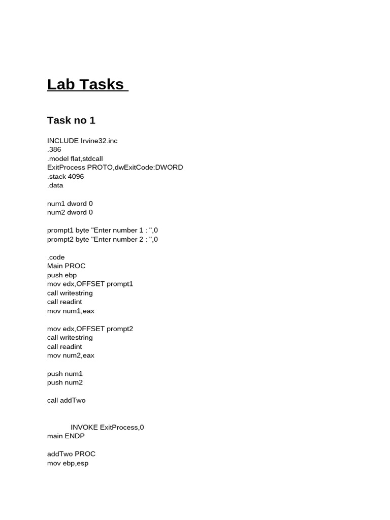 Assembly Language Lab Tasks | PDF