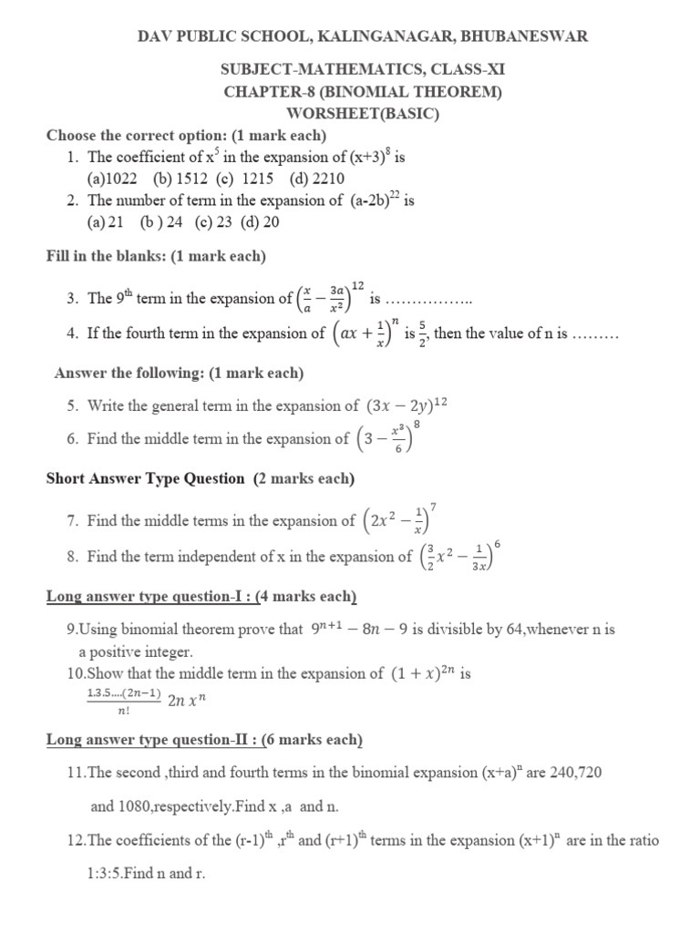 WS-Class XI-Binomial Theorem | PDF | Numbers | Mathematical Concepts