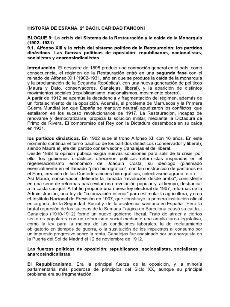 Bloque 9 1 Crisis Restauracion | PDF | Gobierno de españa | España