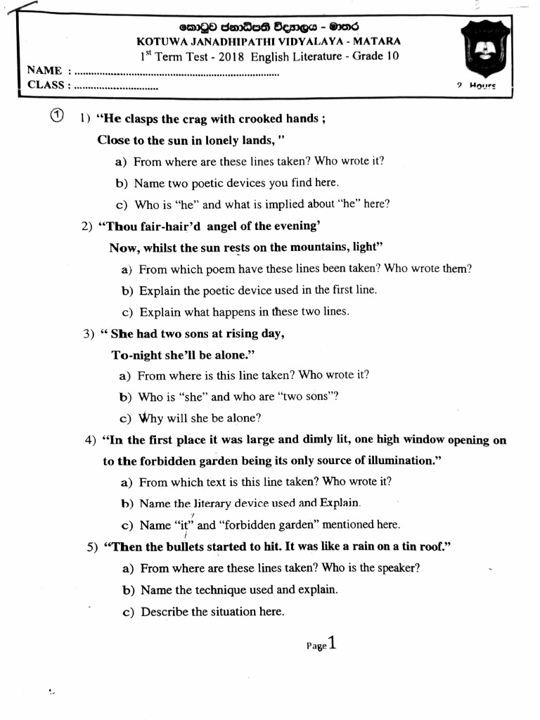 Grade 10 English Literature 1st Term Test Paper 2018 Kotuwa ...
