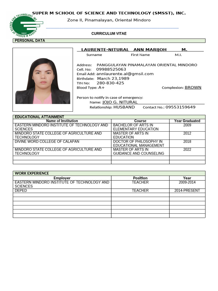 Curriculum Vitae Diploma SMSST NITURAL | PDF