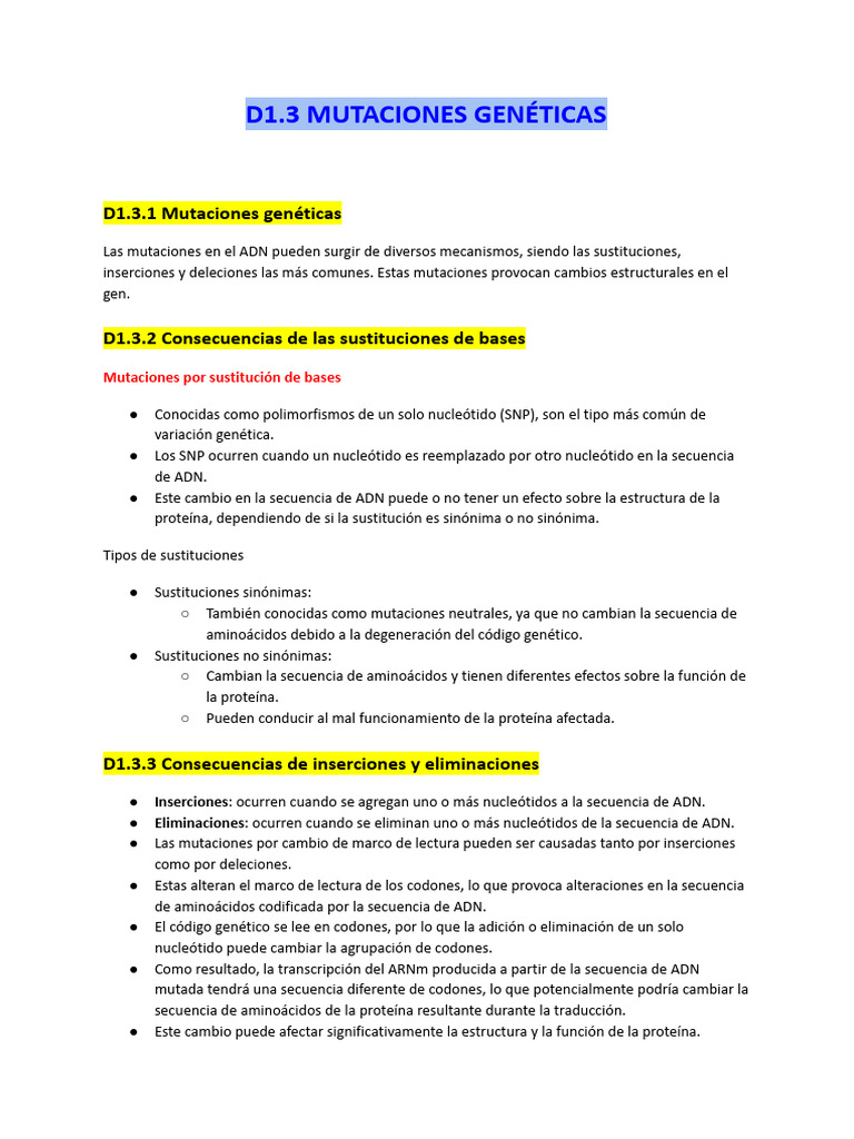 D1.3 MUTACIONES GENÉTICAS | PDF | Mutación | Mutageno