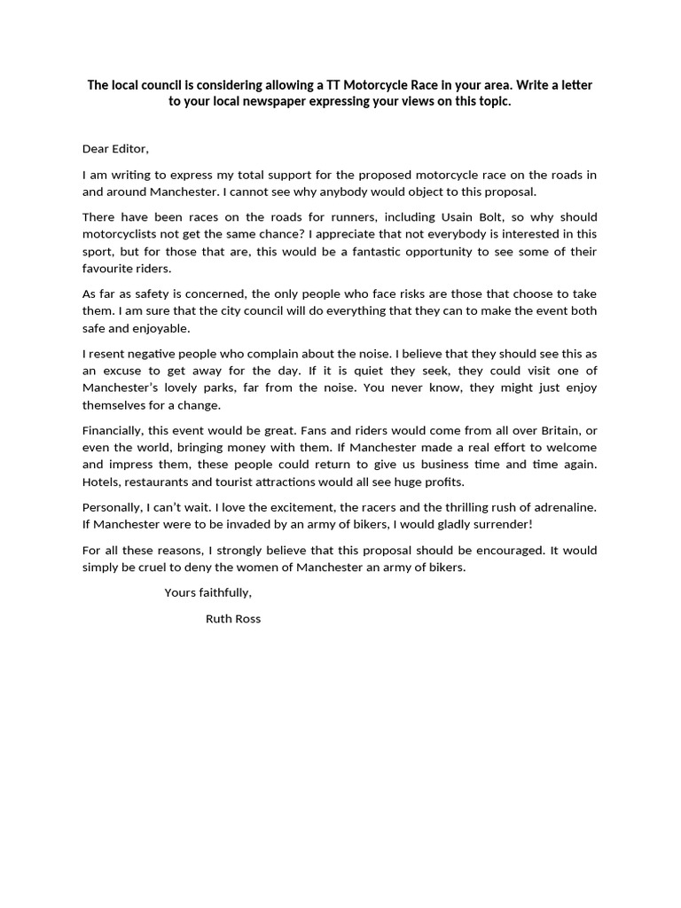 Motorcycle Race Formal Letter | PDF