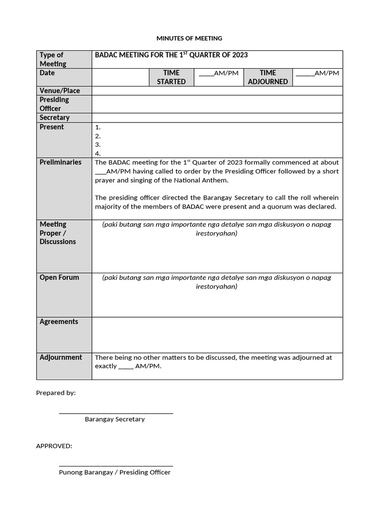 Minutes of Meeting - Sample Template 2 | PDF