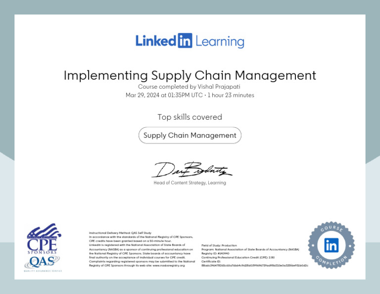 Certificateofcompletion Implementing Supply Chain Management 1 Pdf