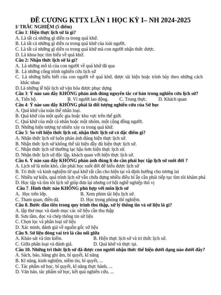 ĐỀ CƯƠNG KTTXL1 K10-HS.docx 2024-2025 | PDF